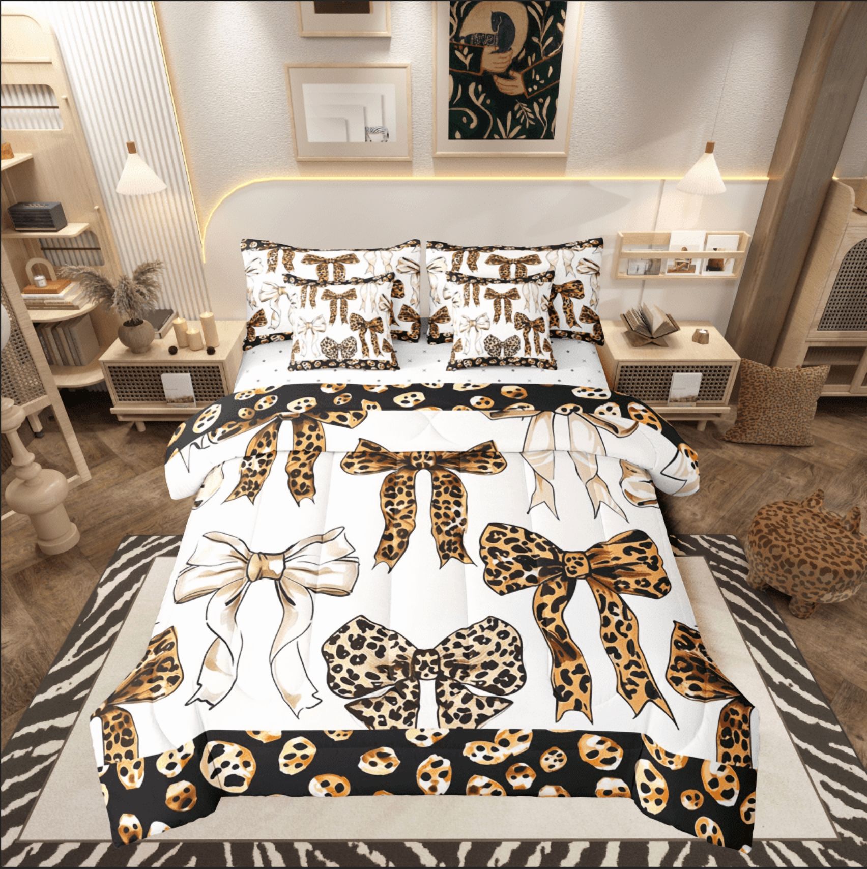 Castle Fairy Leopard Print 7-Piece Bedding Comforter Set,Cute Bow King ...