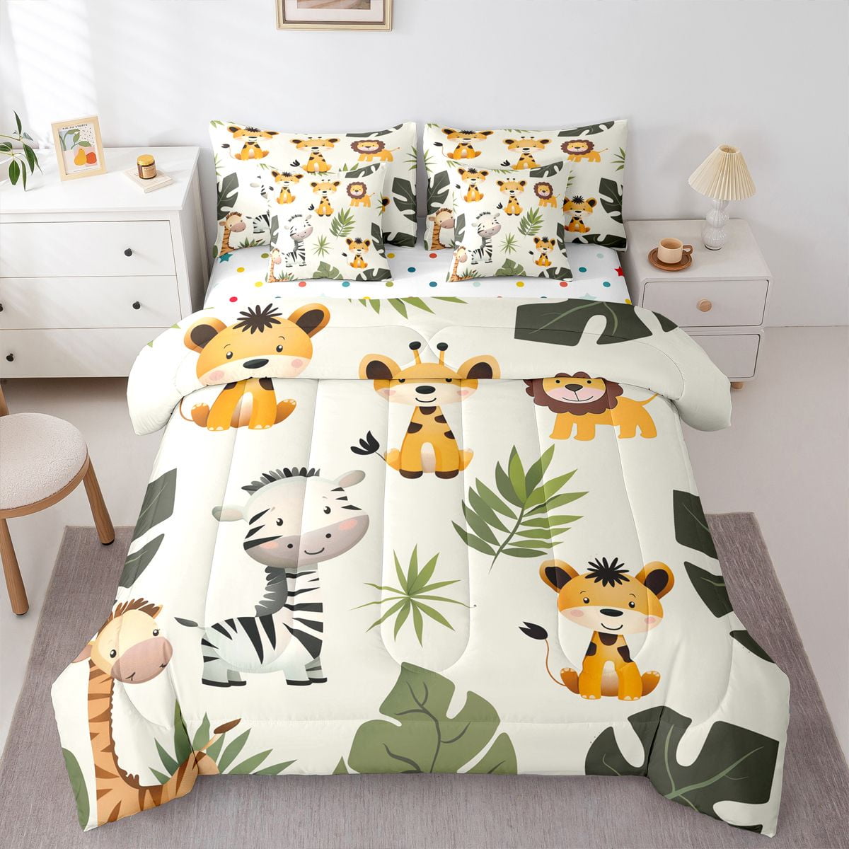 Castle Fairy Lion Zebra Giraffe Bedding Comforter Set,Green Leaves ...