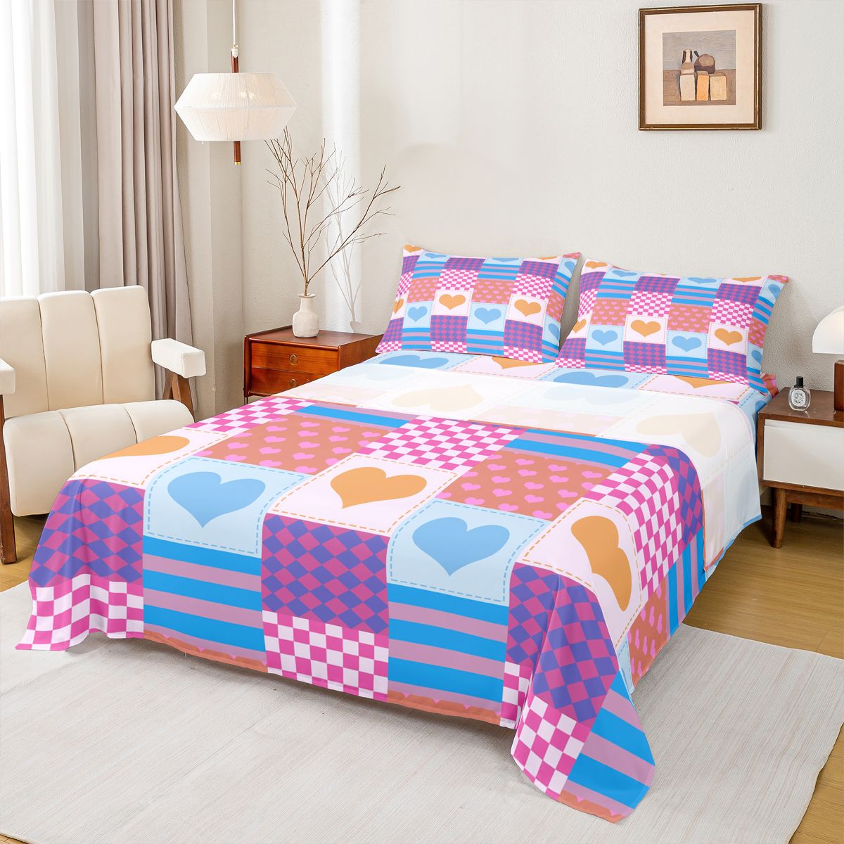 Castle Fairy Love Heart Print 4 Pieces Queen Sheet Sets for Boys Girls ...