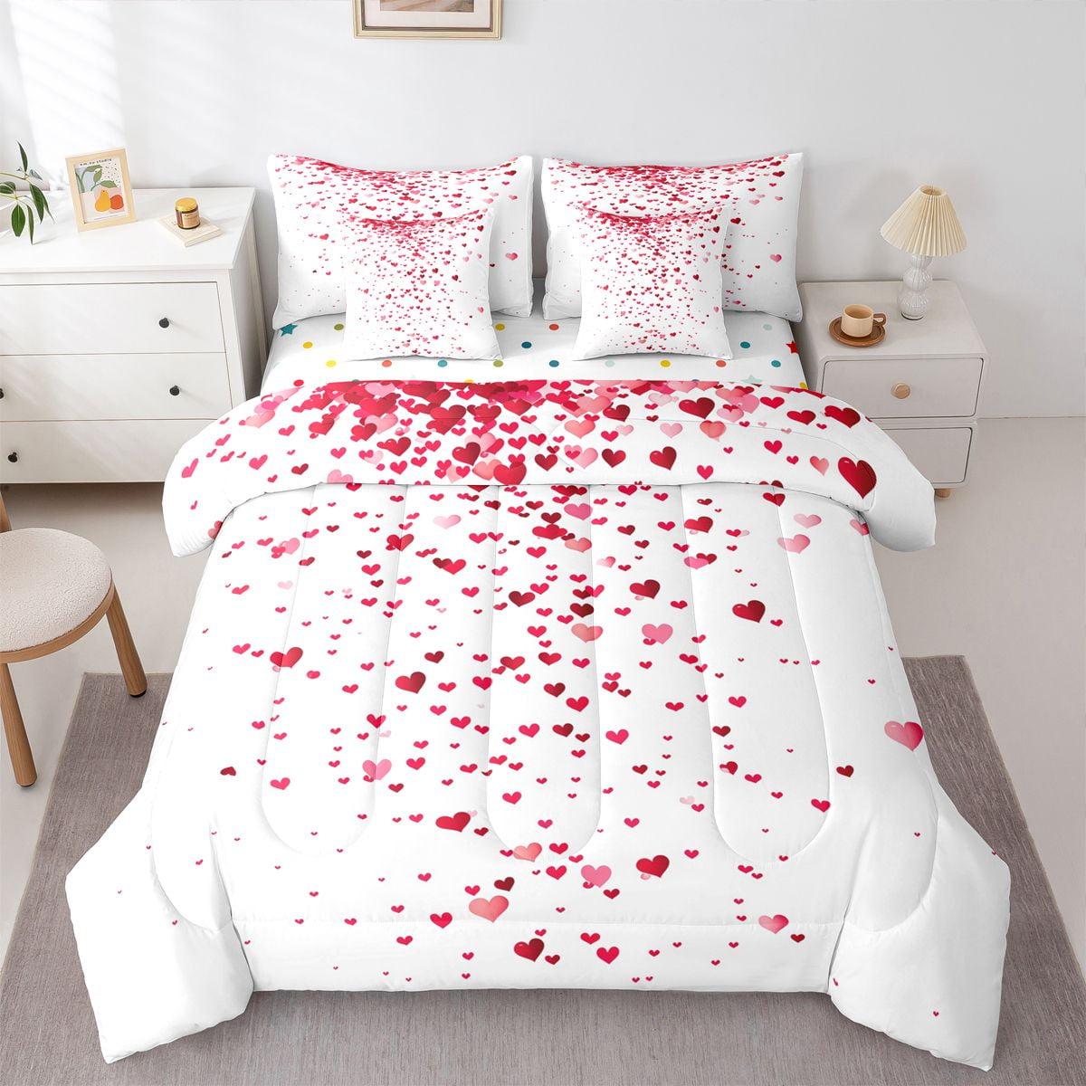 Castle Fairy Love Heart Print Bedding Comforter Set 7-Piece for Adults ...