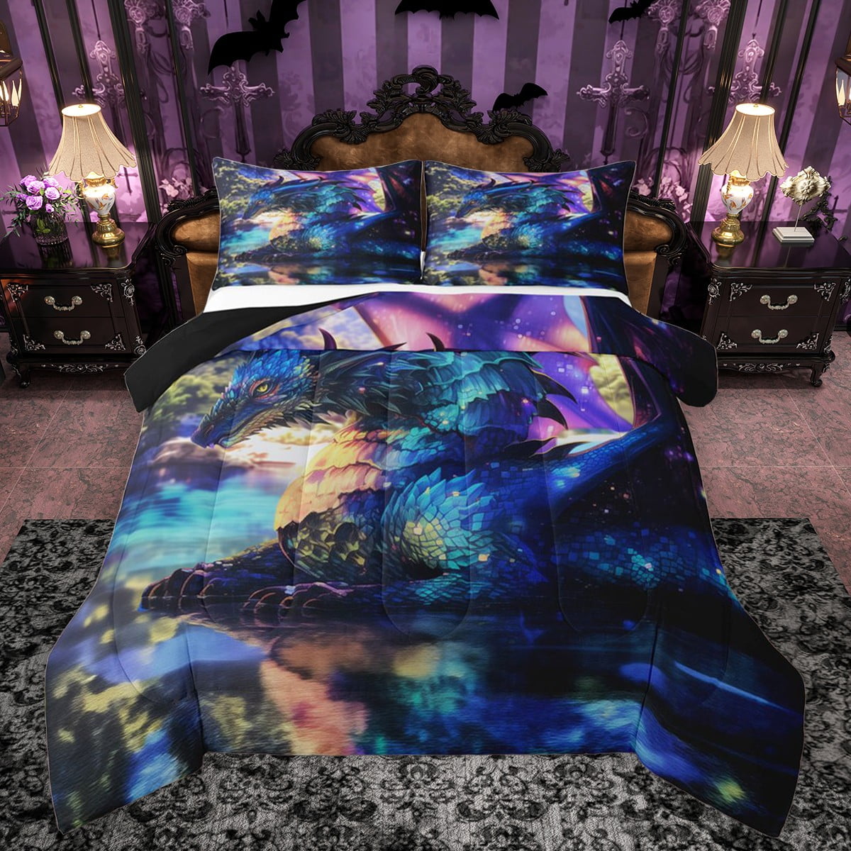 Castle Fairy Magical Dragon Full Size Comforter Sets 3-Piece for Boys ...