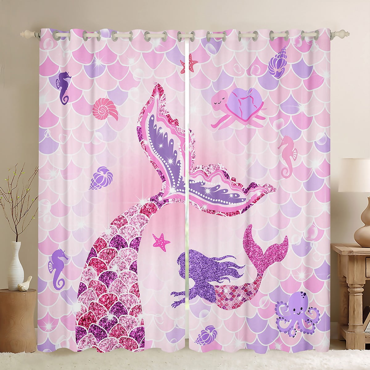 Castle Fairy Mermaid Blackout Curtains Set of 2 (52x84 Each),Glitter ...