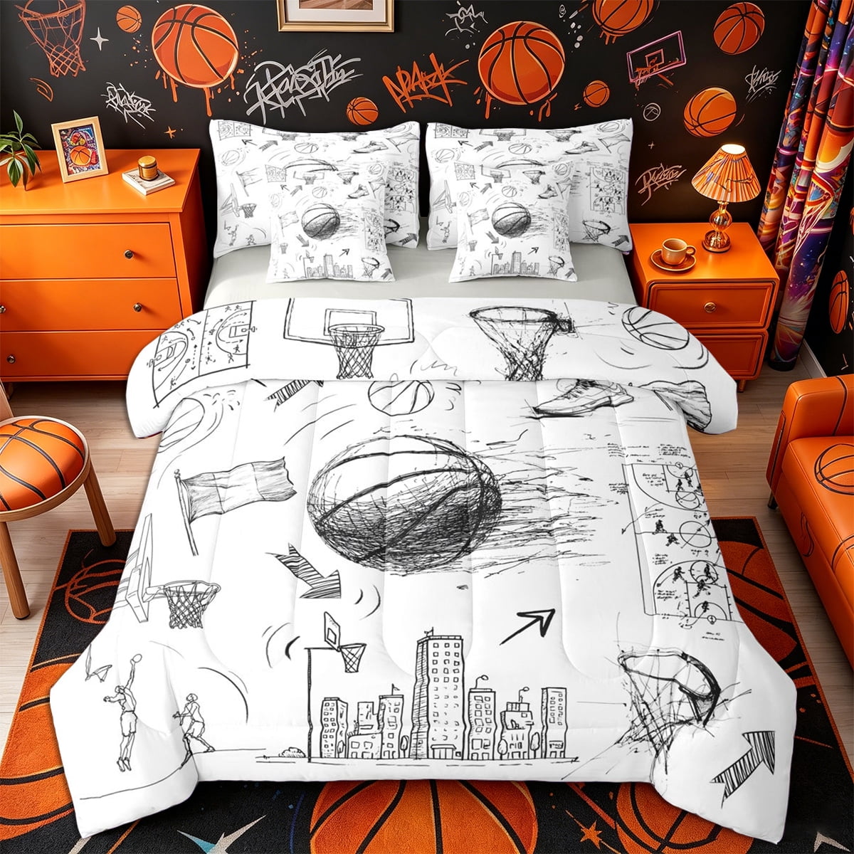 Castle Fairy Minimalism Basketball Twin Bedding 7-Piece, Sport Graffiti ...