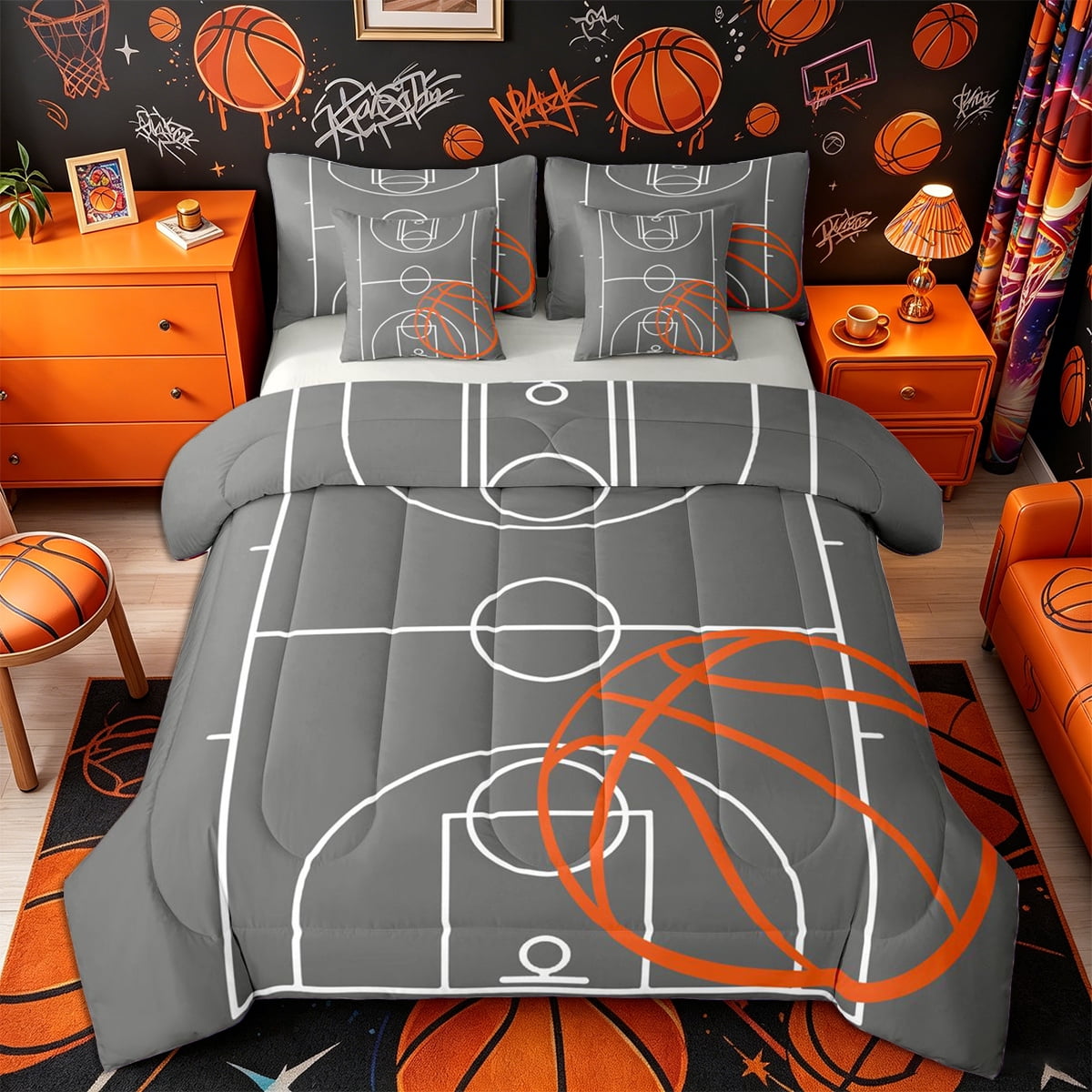 Castle Fairy Minimalist Basketball Court Print King Bedding 7pcs, Sport ...
