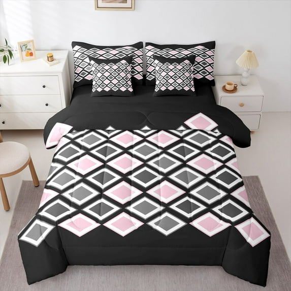 Castle Fairy Minimalist Checkered Twin Bedding Sets,Black Pink Grey ...