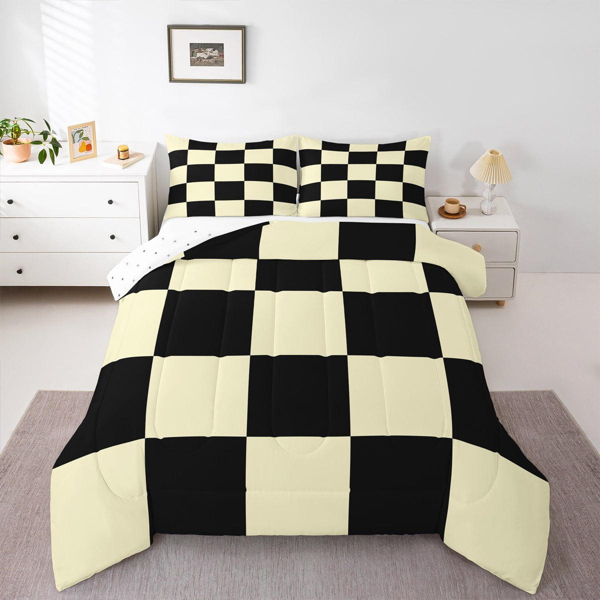 Castle Fairy Minimalist Grid Full Size Comforter Sets,Mid Century Plaid ...