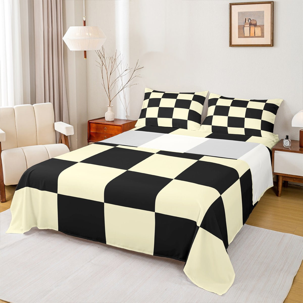 Castle Fairy Minimalist Grid Queen Sheet Sets for Female Men,Geometric ...