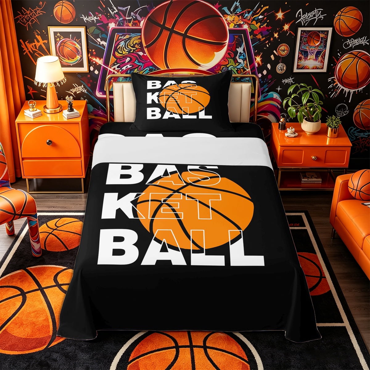 Castle Fairy Minimalist Orange Basketball Graphic Twin Sheets 3pcs ...