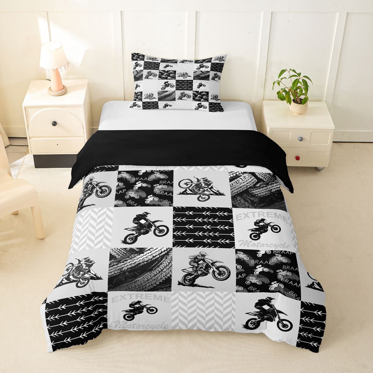 Castle Fairy Monochrome Dirt Bike Twin Bedding for Boys, Patchwork ...