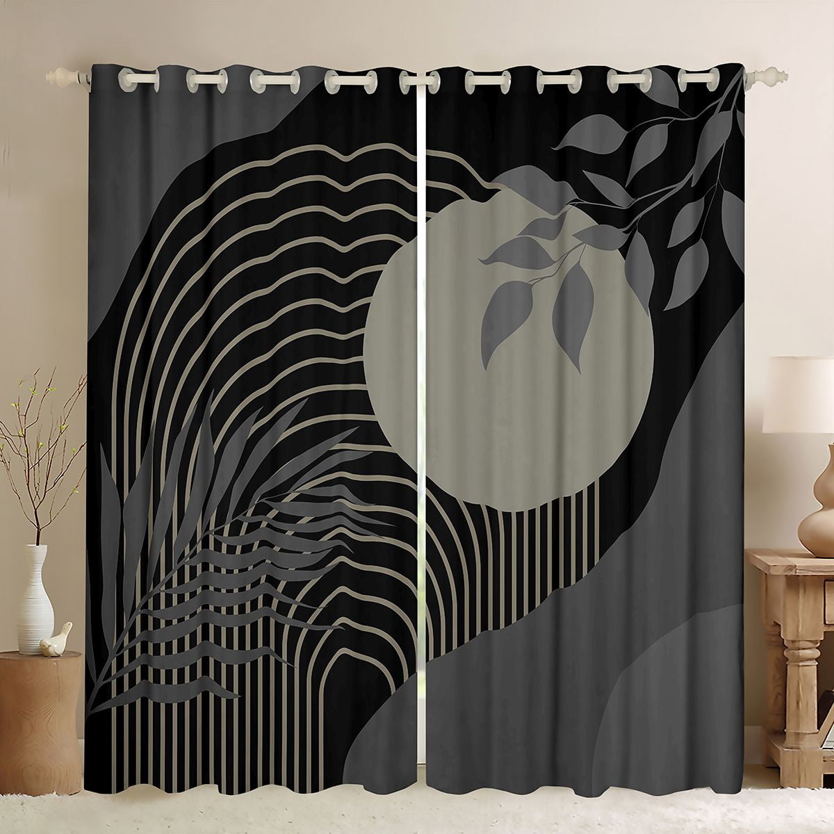 Castle Fairy Monochrome Palm Blackout Curtains Set of 2 (52x84 Each ...