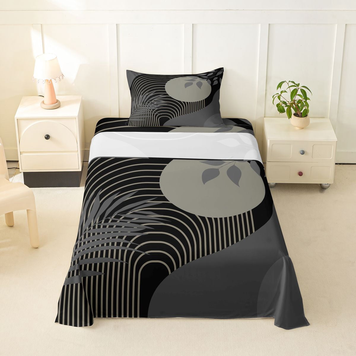 Castle Fairy Monochrome Palm Twin Sheet Sets 3pcs for Men, Gray Scale ...