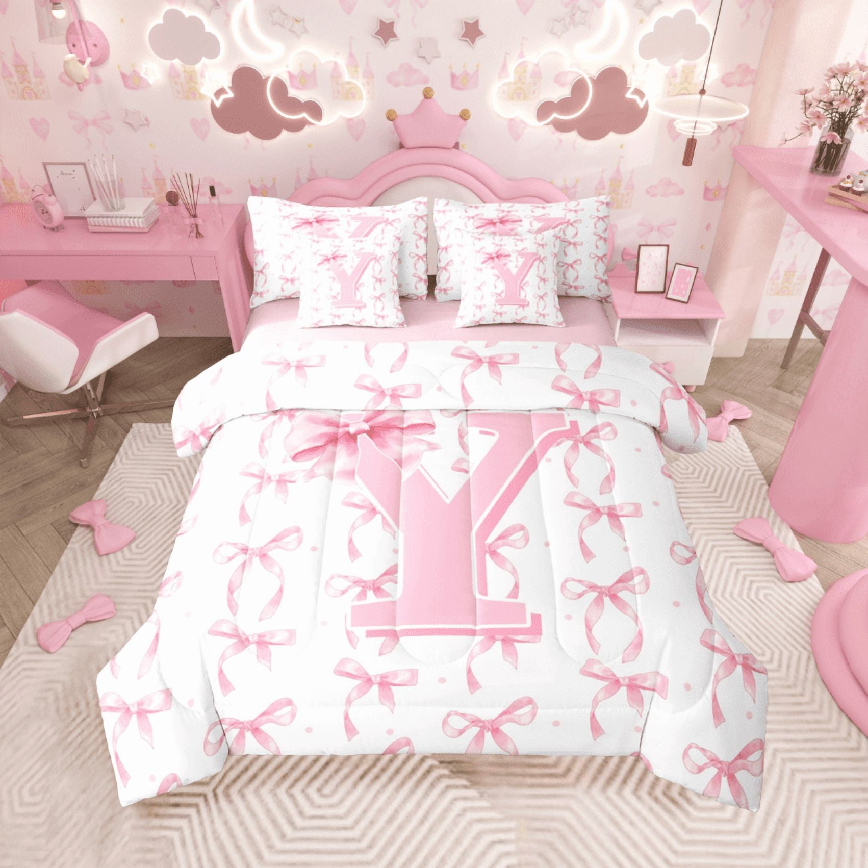 Castle Fairy Monogrammed Letter 7-Piece Twin Bedding Sets for Kids,Bow Alphabet Bedding ...