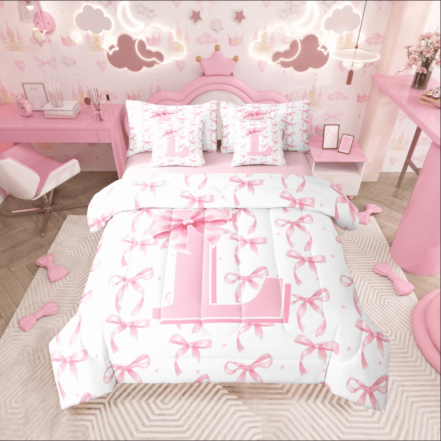 Castle Fairy Monogrammed Letter 7-Piece Twin Bedding Sets for Kids,Bow Alphabet Bedding ...