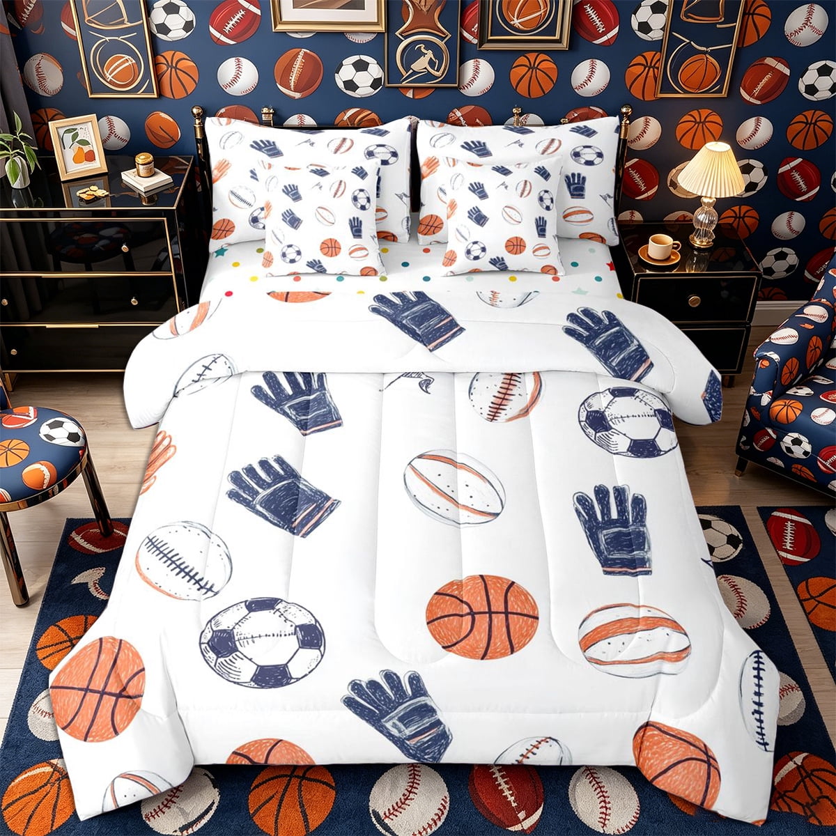 Castle Fairy Multi-Sport Balls Twin Bedding 7-Piece, Hand-Drawn Gloves ...
