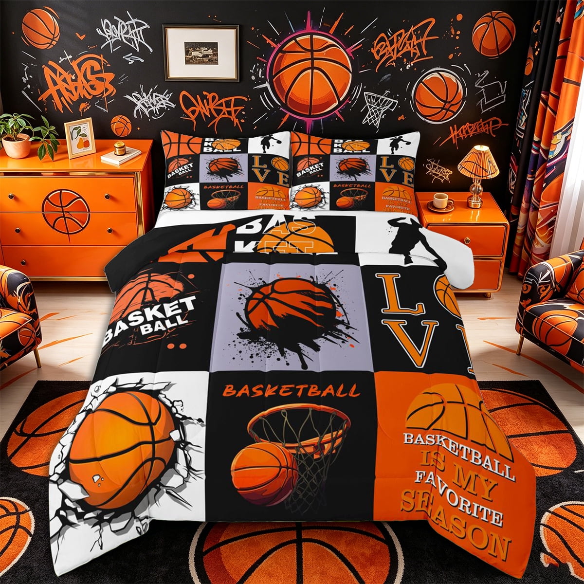 Castle Fairy Multi-Style Orange Basketball Collage Queen Comforter Set ...
