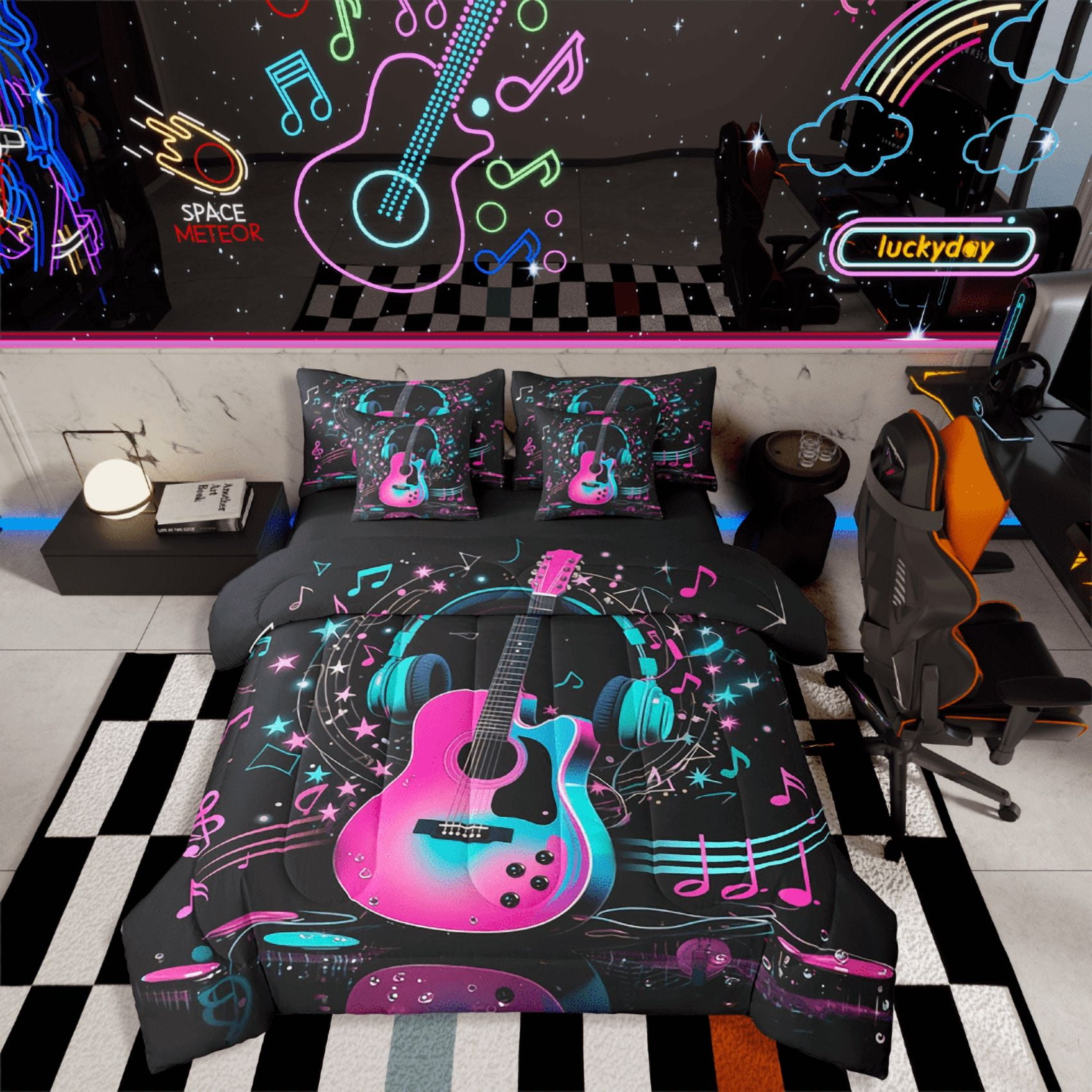 Castle Fairy Music Guitar 7-Piece Bedding Comforter Set,Pink Blue King ...