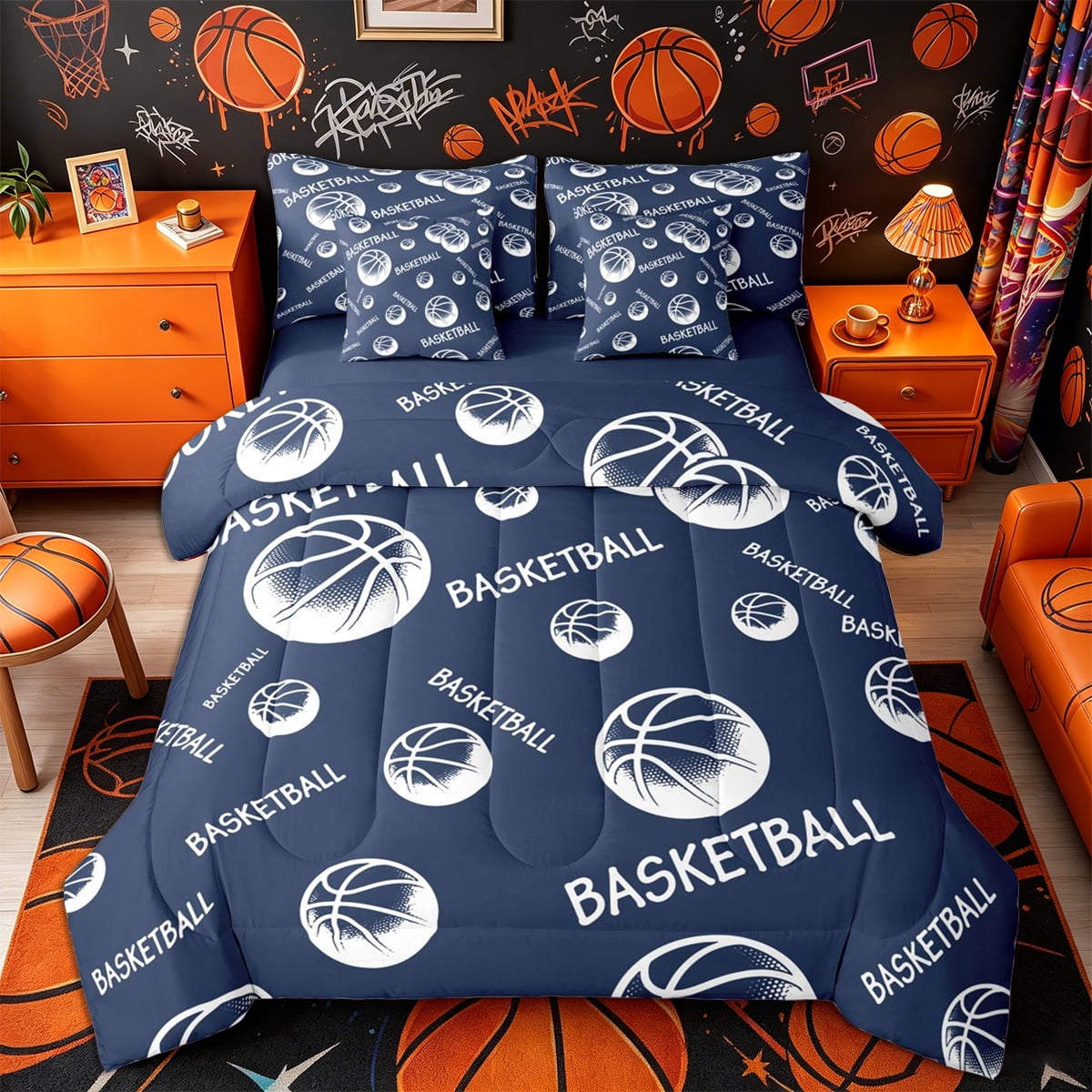 Castle Fairy Navy Basketball Text Print King Bedding 7pcs, Minimalist ...