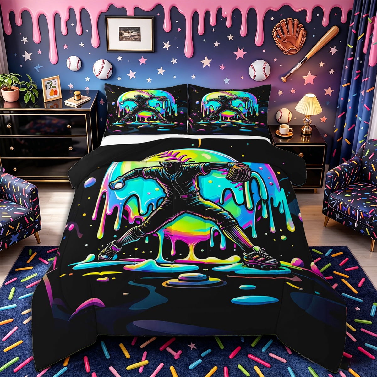Castle Fairy Neon Baseball Pitcher Print Queen Comforter Set 3 Pieces ...