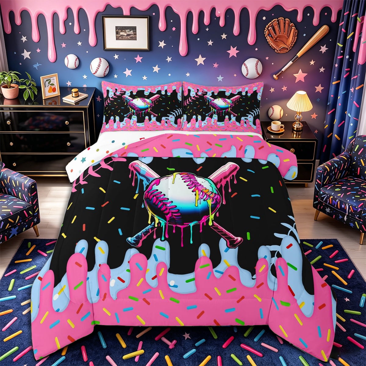 Castle Fairy Neon Baseball Print Full Size Comforter Sets 3-Piece ...