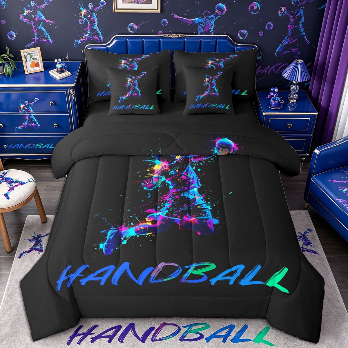 Castle Fairy Neon Handball Queen Bedding 7pcs, Watercolor Splash Player ...