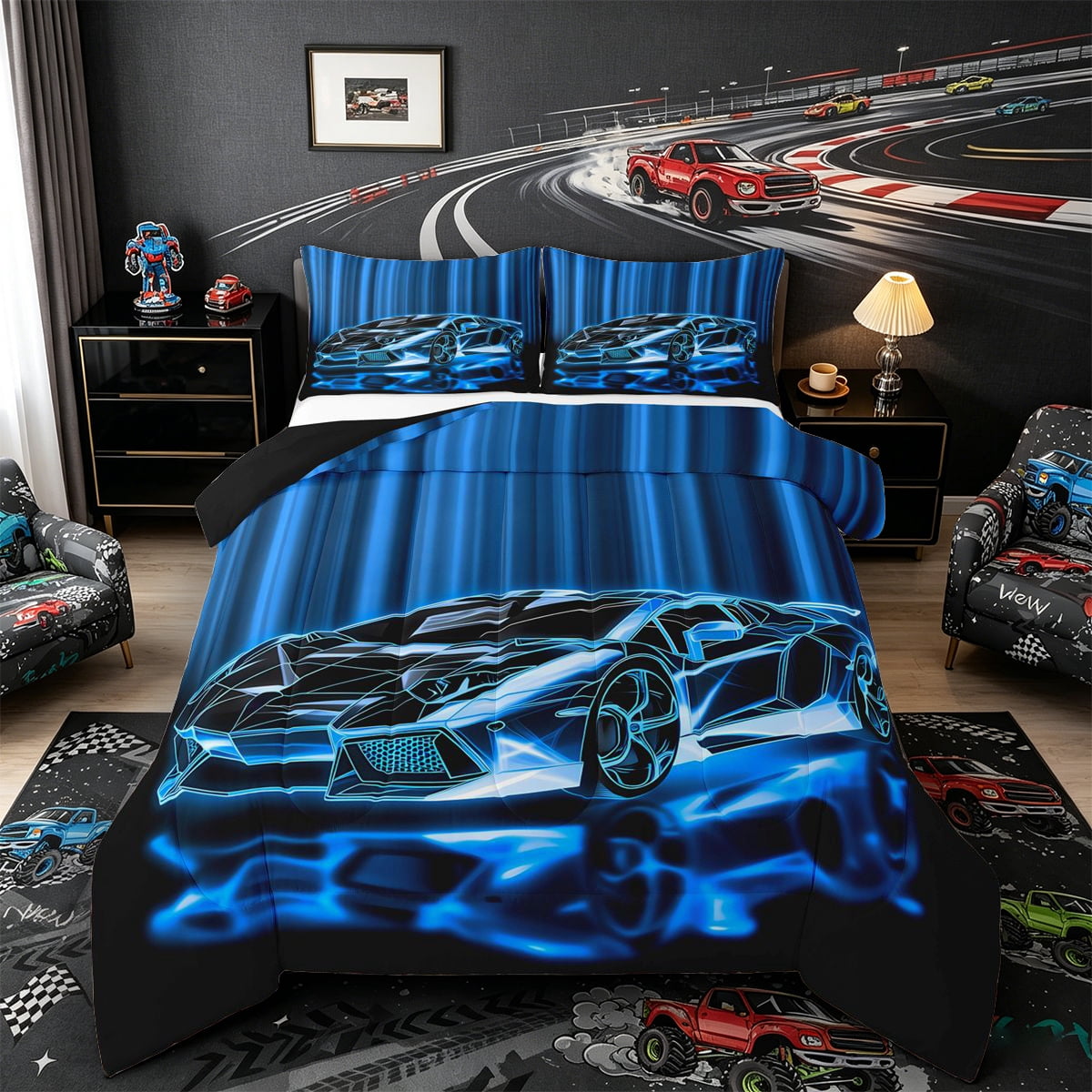 Castle Fairy Neon Line Sports Car Queen Comforter Set 3pcs for Boys ...