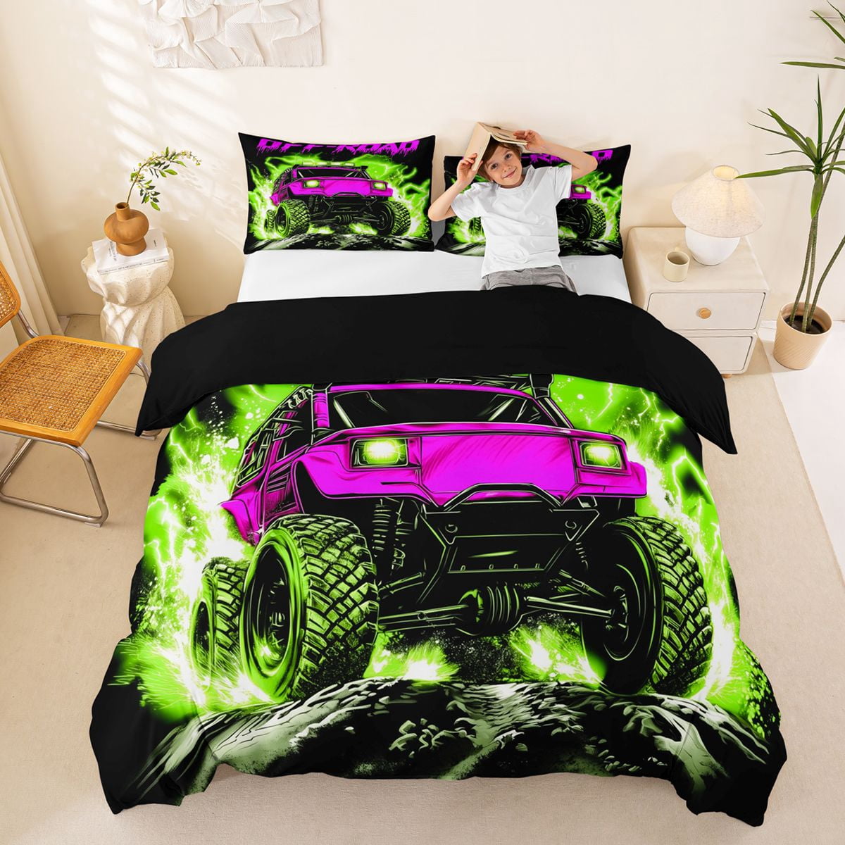 Castle Fairy Neon Off-Road Truck Duvet Cover Set for Teens, Lightning ...