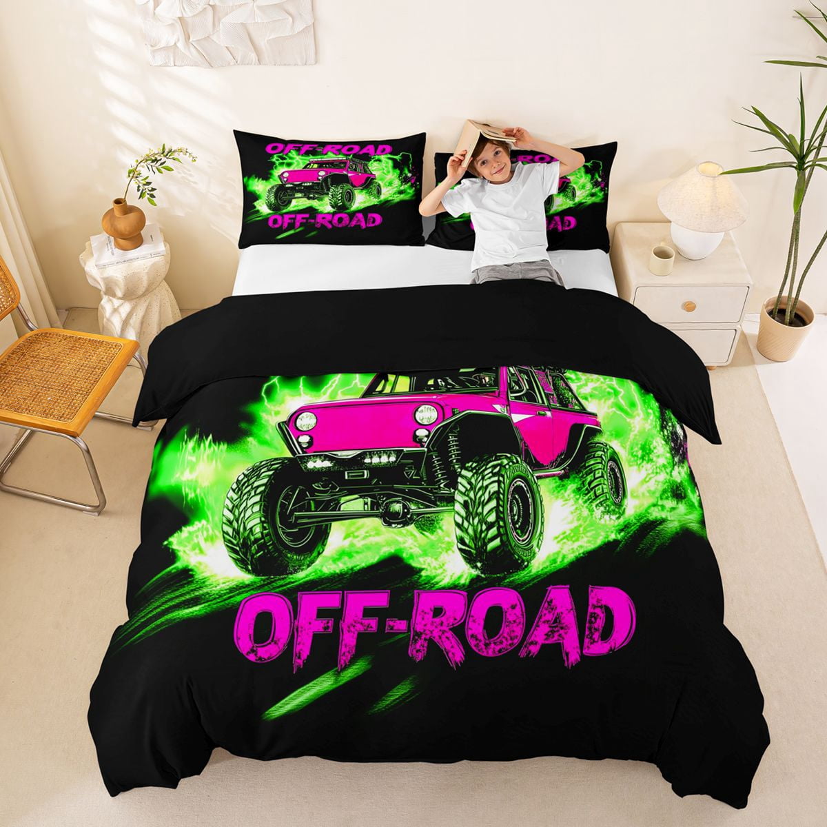 Castle Fairy Neon Off-Road Truck Queen Duvet Cover Set for Boys ...