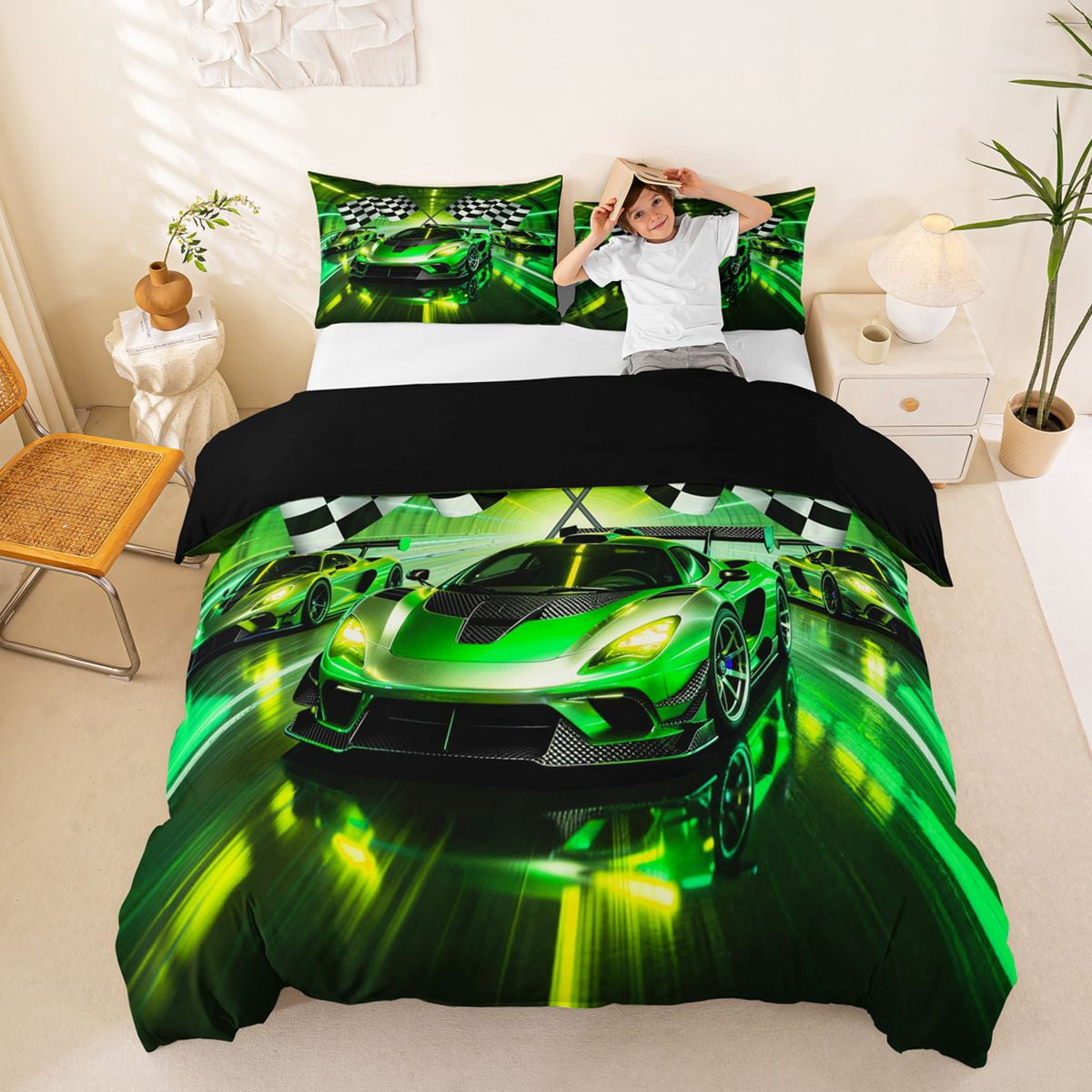 Castle Fairy Neon Race Car Trio Duvet Cover Set for Boys, Checkered ...
