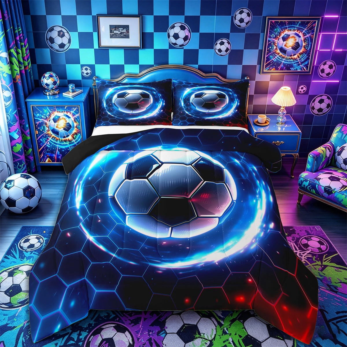 Castle Fairy Neon Soccer Queen Comforter Set 3 Pieces, Hexagon Light ...