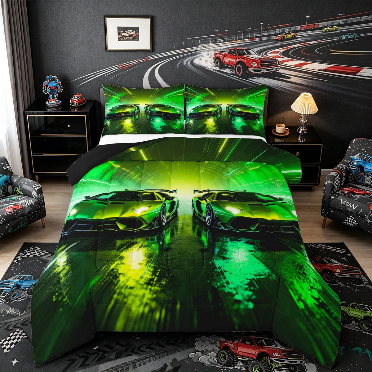 Castle Fairy Neon Twin Race Car Full Size Comforter Sets 3 Pieces for ...