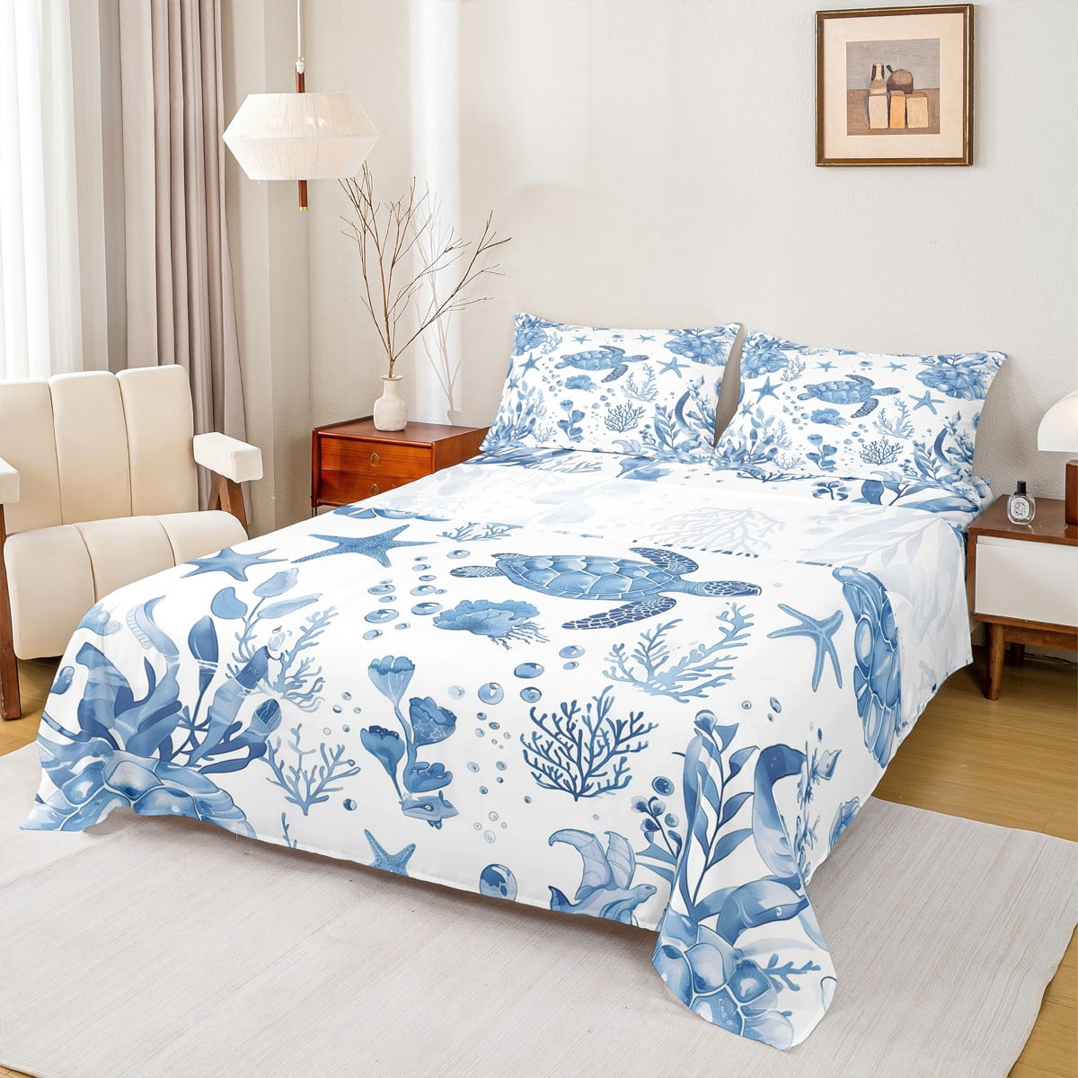 Castle Fairy Ocean Turtle Starfish 4-Piece Full Size Sheets,Blue White ...