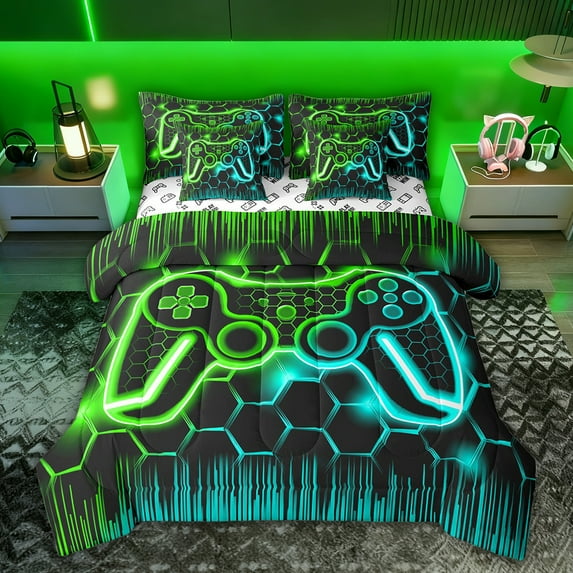 Castle Fairy Ombre Video Game Bedding Comforter Set,Honeycomb Gamepads ...