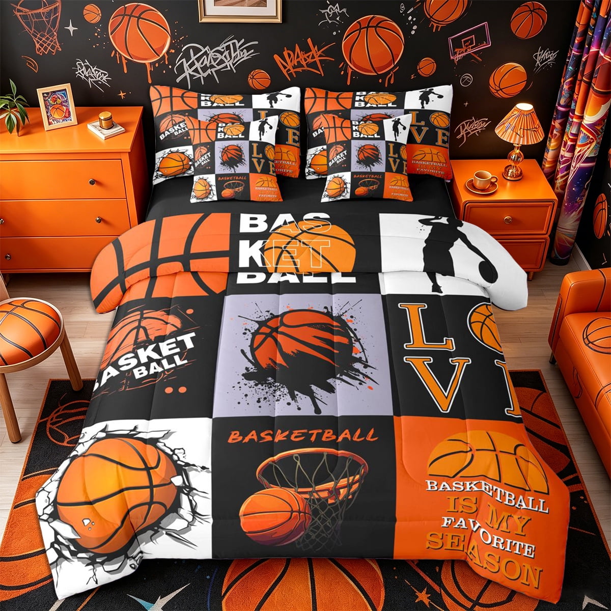 Castle Fairy Orange Basketball Full Size Bedding Sets 7 Pieces, Sport ...