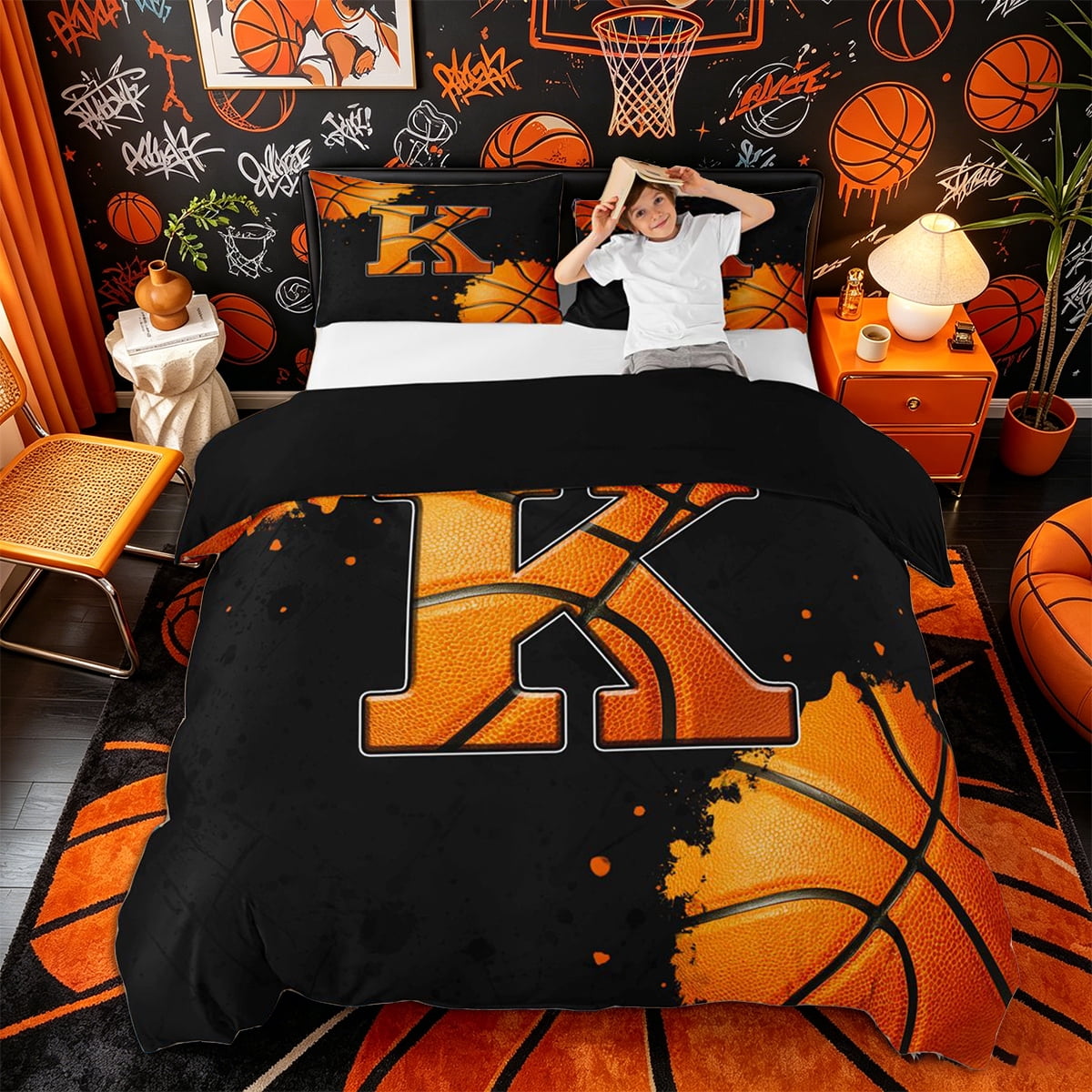 Castle Fairy Orange Basketball Initial K Duvet Cover King, Abstract ...