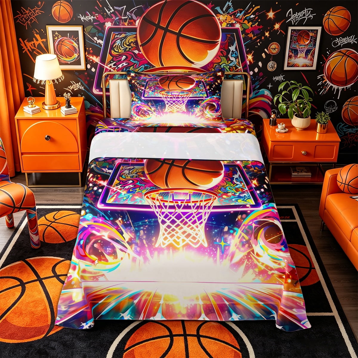 Castle Fairy Orange Basketball Print Twin Sheets 3pcs, Sport Theme ...