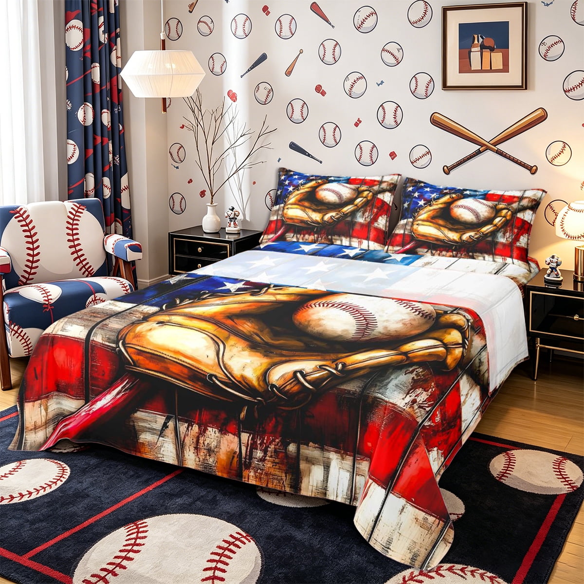 Castle Fairy Patriotic Baseball Bed Sheets 4-Piece, Flag Glove Full ...