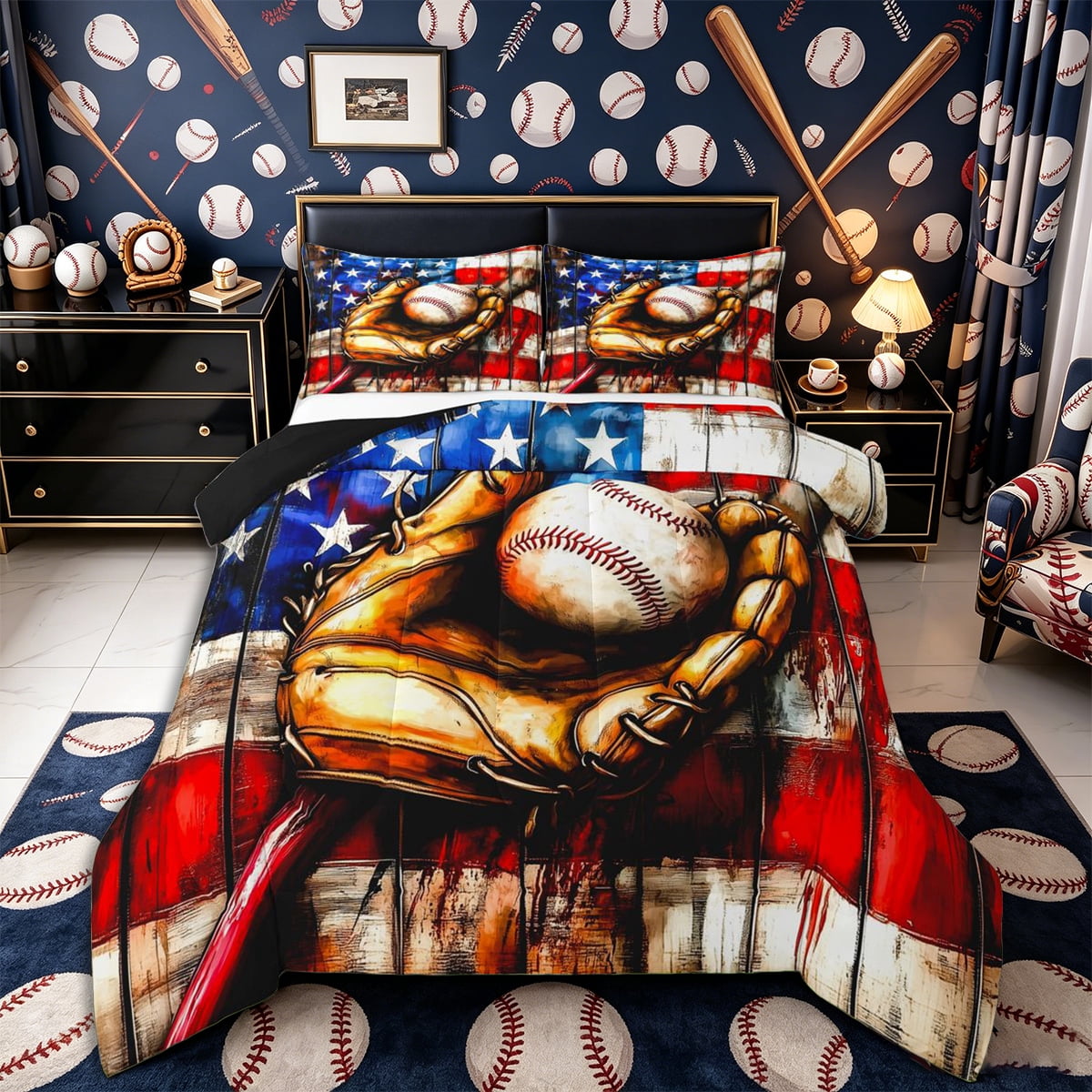 Castle Fairy Patriotic Baseball Full Size Comforter Sets 3-Piece, Flag ...