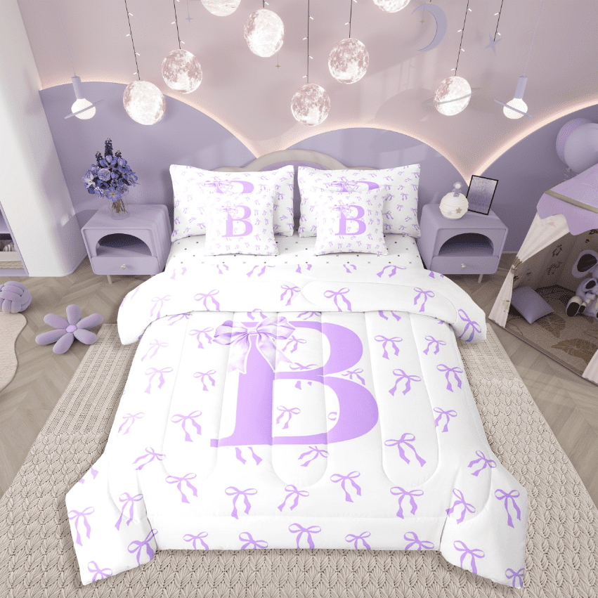 Castle Fairy Personalized Initial 7-Piece Bedding Comforter Set for Kids,Bow Alphabet King ...