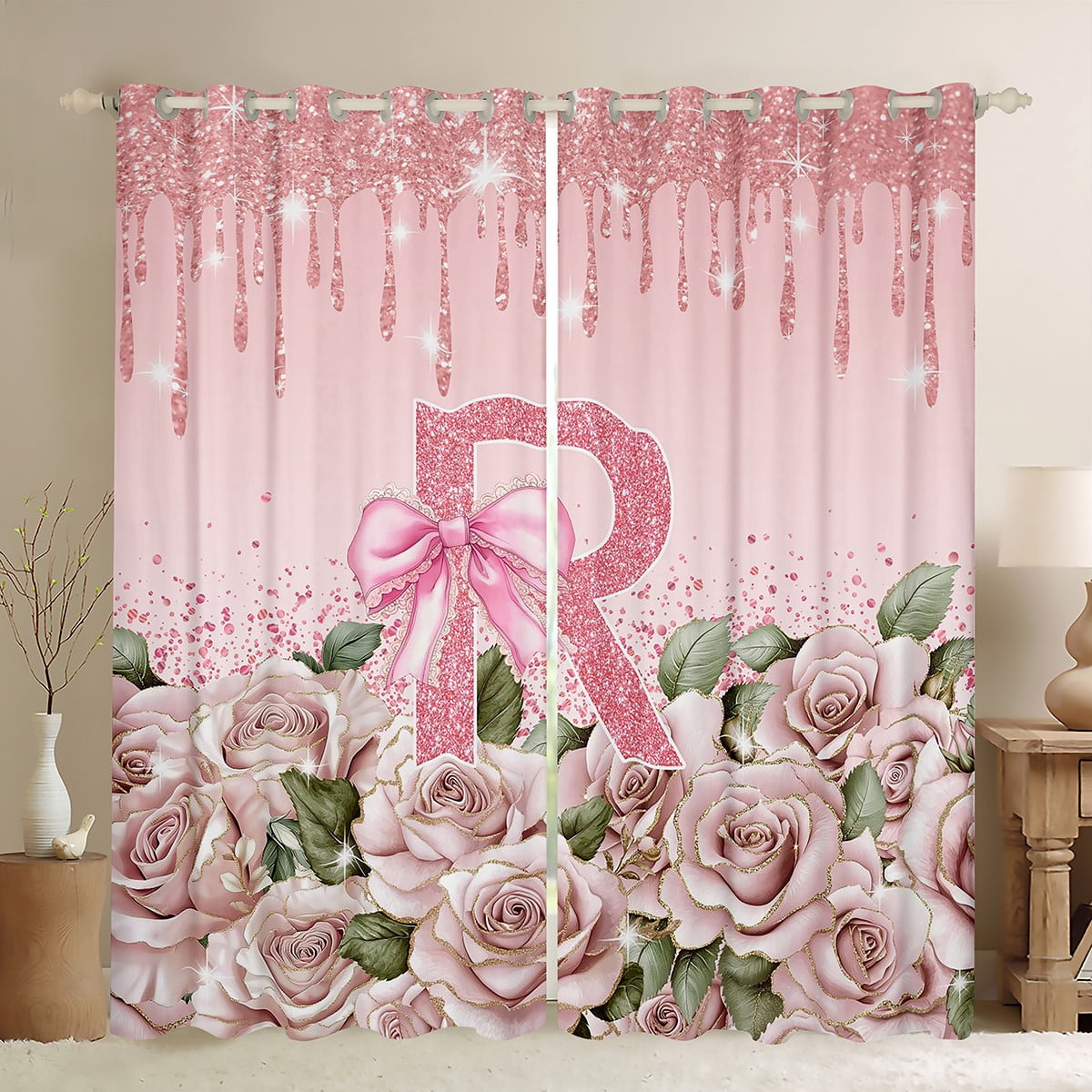 Castle Fairy Personalized Initial Curtains and Drapes,Pink Sequin Black ...