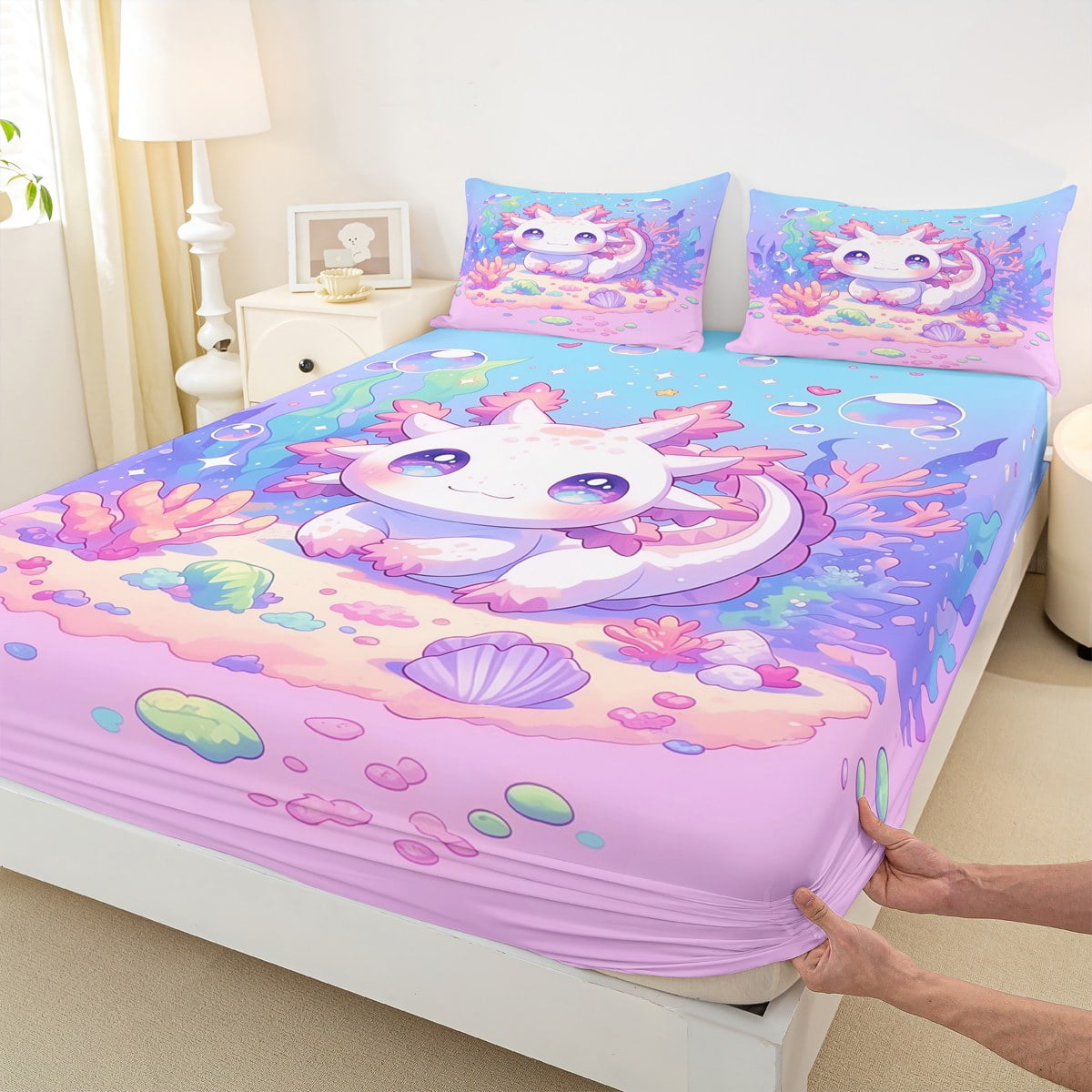 Castle Fairy Pink Axolotl 4 Pieces Queen Sheet Sets,Ocean Animal Ultra ...