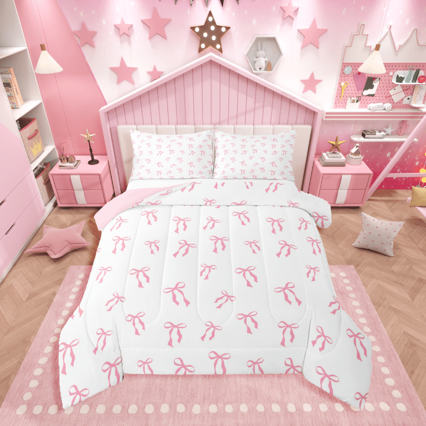 Castle Fairy Pink Bow 3 Pieces Queen Comforter Set,Cartoon Bowknot ...