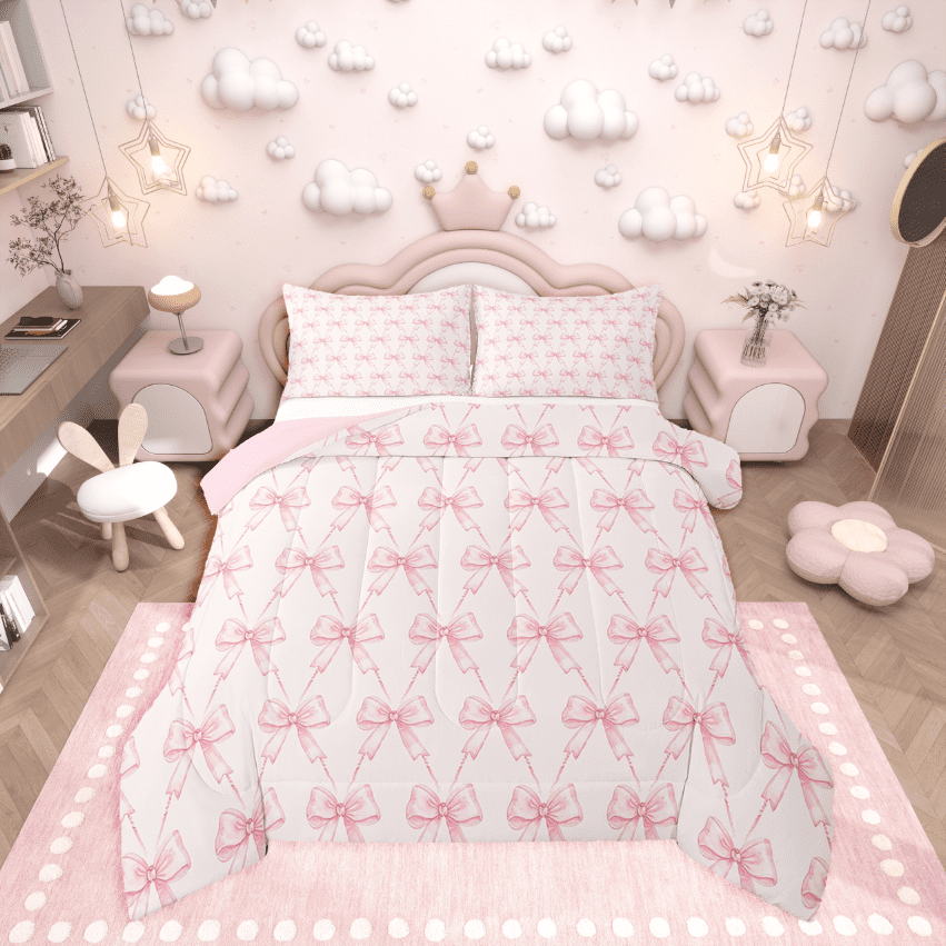 Castle Fairy Pink Bow Girl Twin Comforter 2pcs: Ribbon Bowtie (Ultra ...