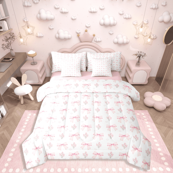 Castle Fairy 7-Piece Full Bedding Set with Pink Bow Knot & Floral ...