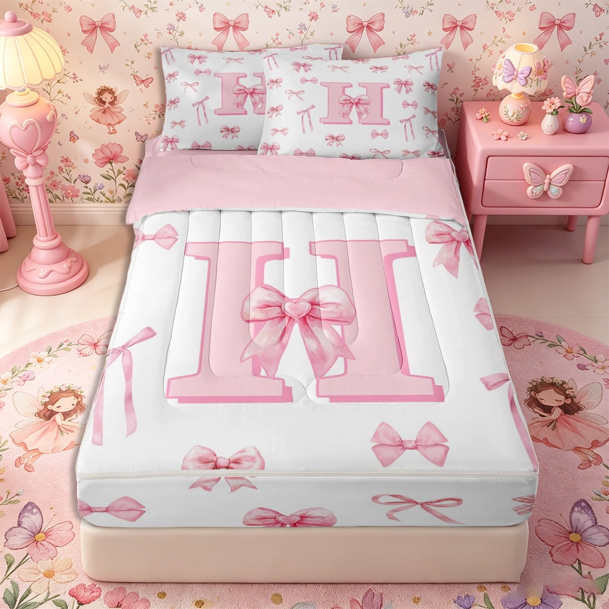 Castle Fairy Pink Bow Letter H Zipper Full Size Comforter Sets with ...