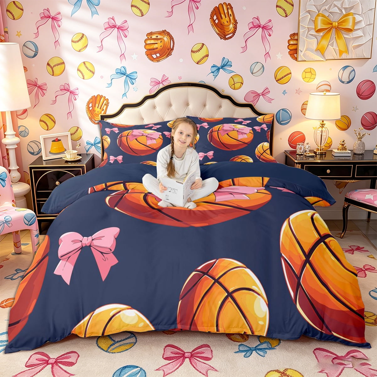 Castle Fairy Pink Bow Orange Basketball Bedding, Sport Theme Duvet ...