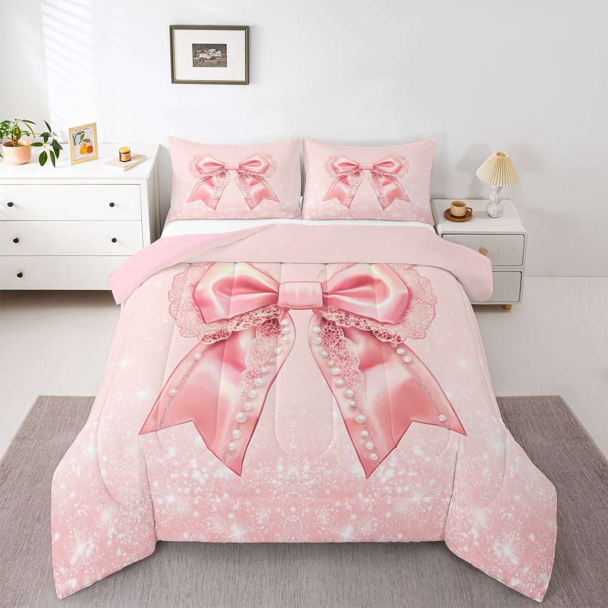 Castle Fairy Pink Bowknot Queen Comforter Set,Dreamy Pearl Bowtie ...