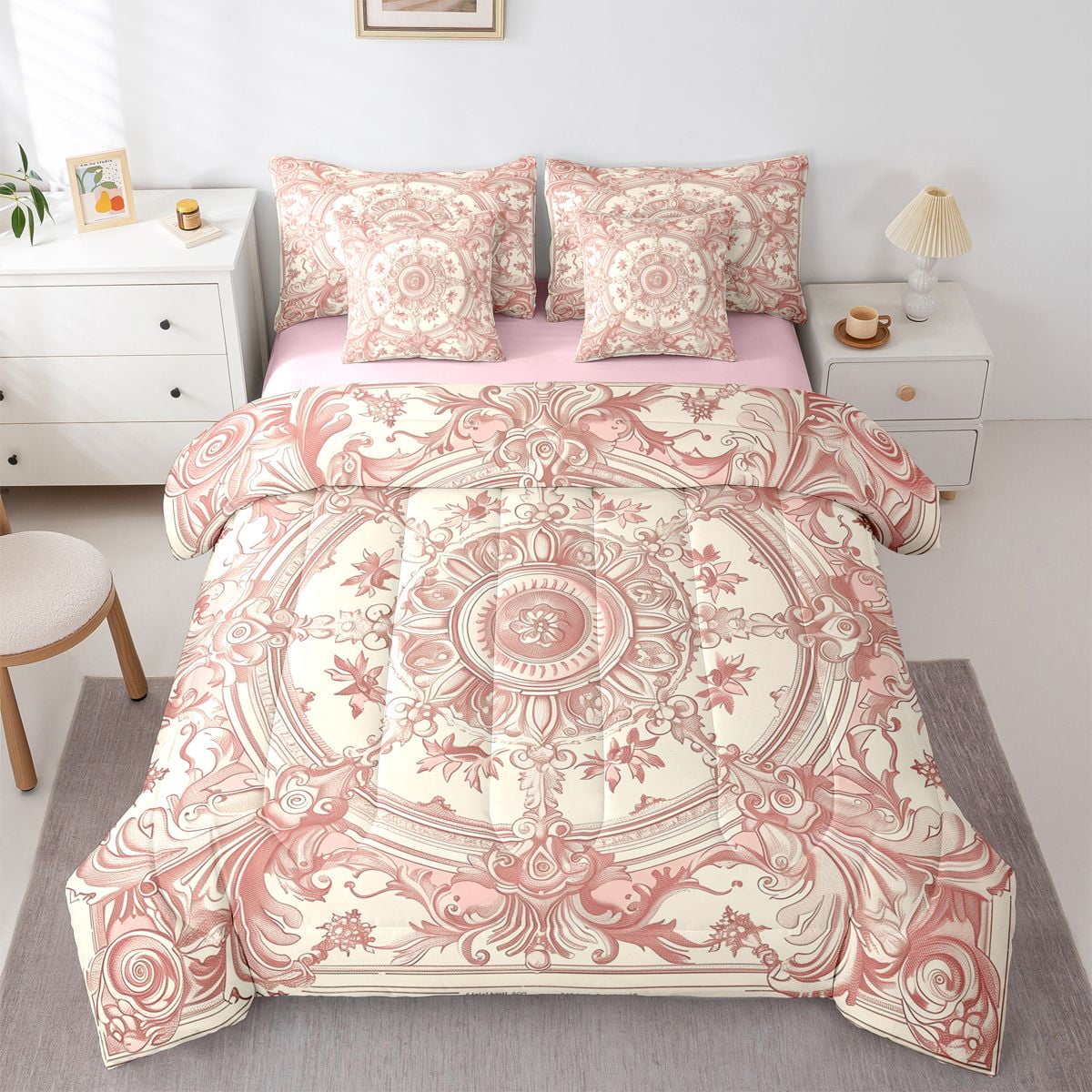 Castle Fairy Pink Damask Bedding Comforter Set,Boho Traditional Flower ...