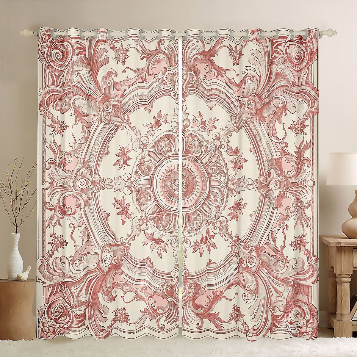 Castle Fairy Pink Damask Black Out Curtains,Boho Curtains Pack of 2 ...