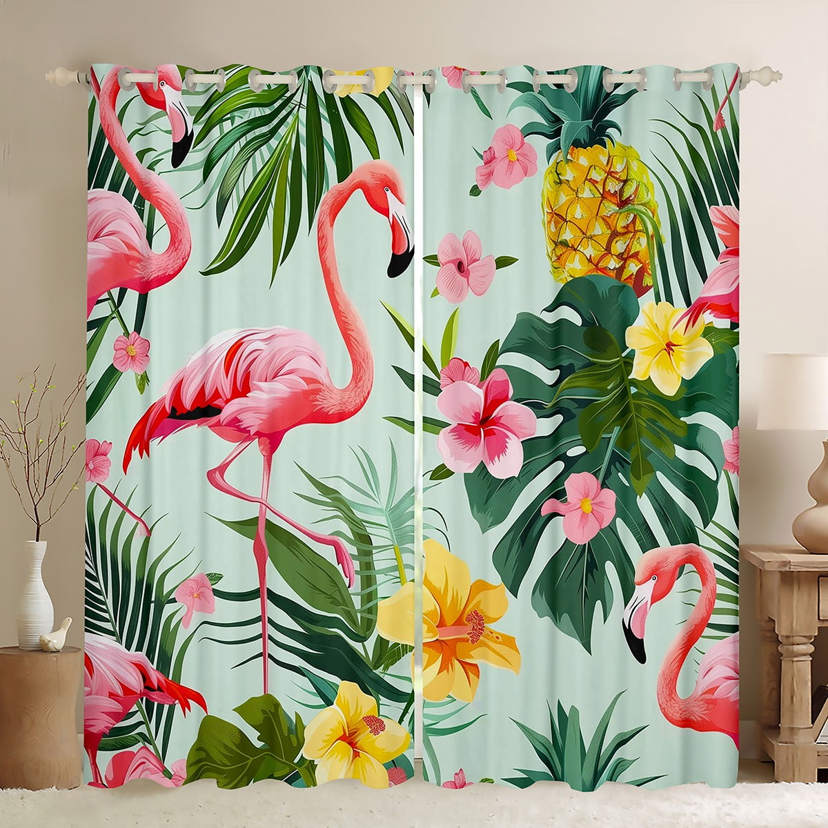 Castle Fairy Pink Flamingo Curtains Pack of 2 (42x84 Each),Flowers ...