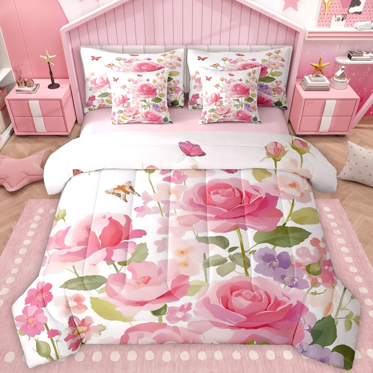 Castle Fairy Queen Size 7-Piece Pink Floral Rose Comforter Set ...